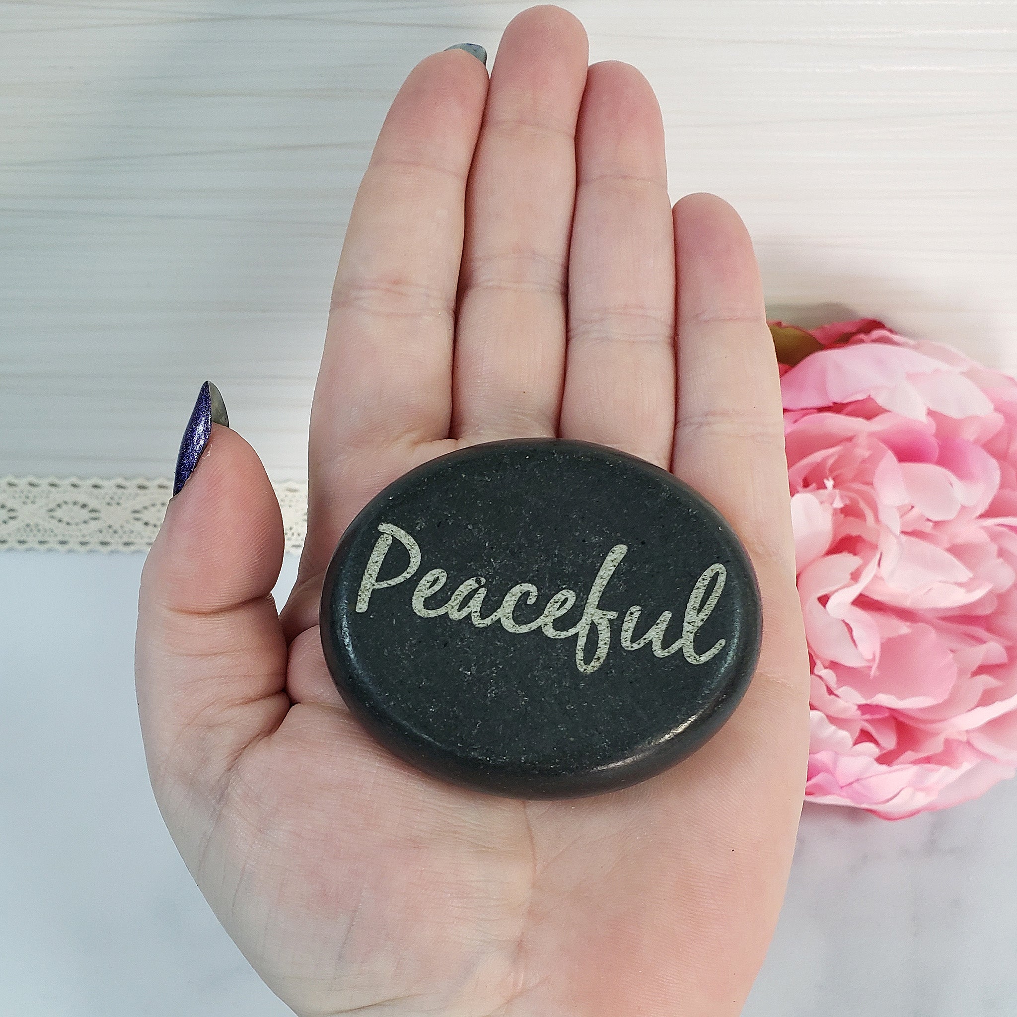 Black Basalt Rock Natural Crystal Etched Affirmation Stone | Peaceful ...