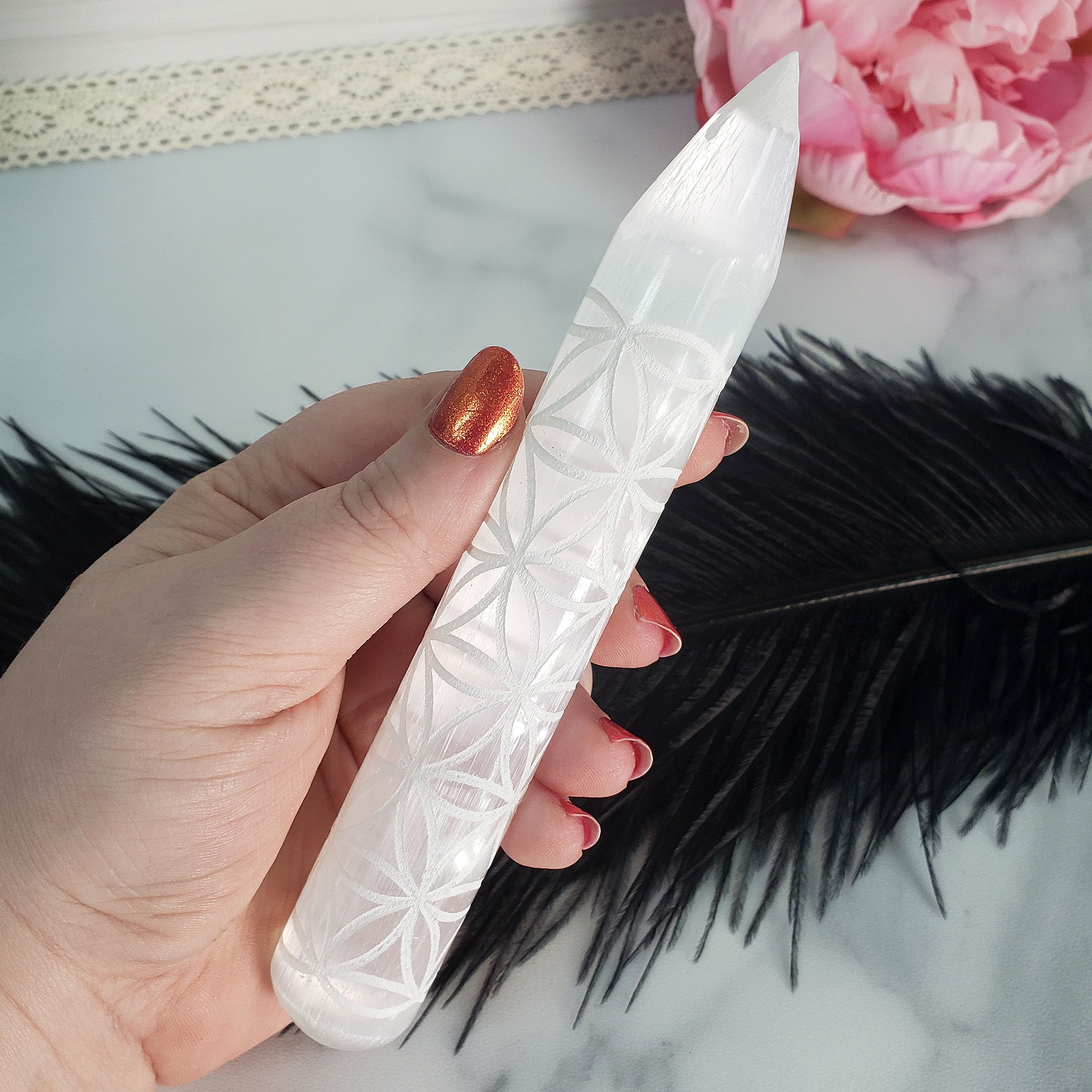 White Selenite Crystal Wand Natural Gemstone Charger | Sacred Geometry ...